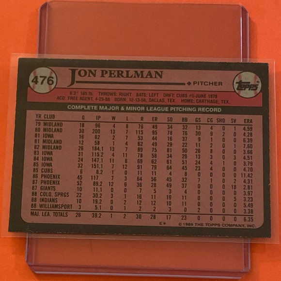 Topps | Toys | Jon Perlman 476 989 Topps Baseball Trading Card | Poshmark